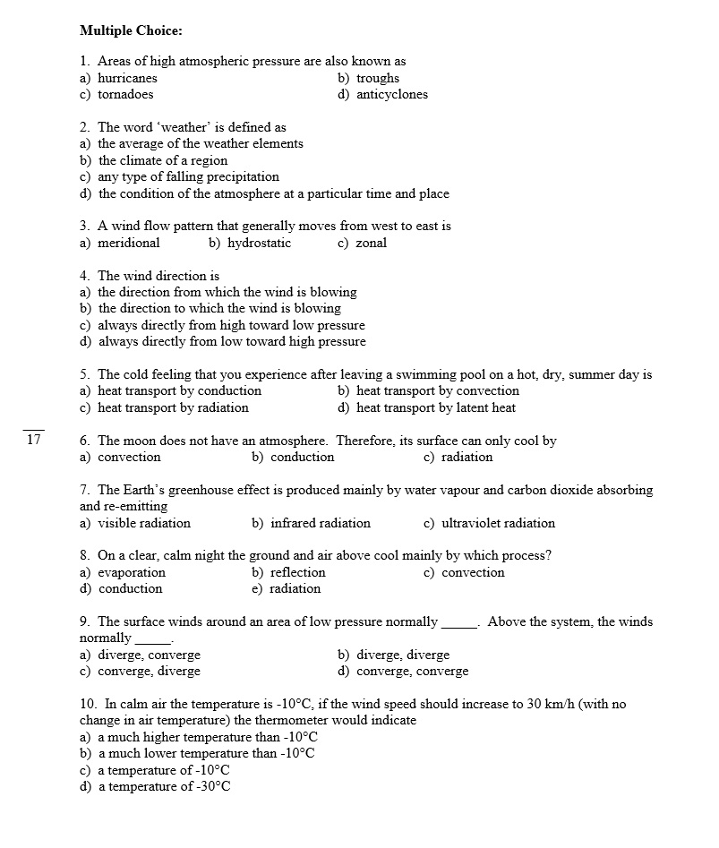 Solved Multiple Choice 1. Areas of high atmospheric pressure | Chegg.com