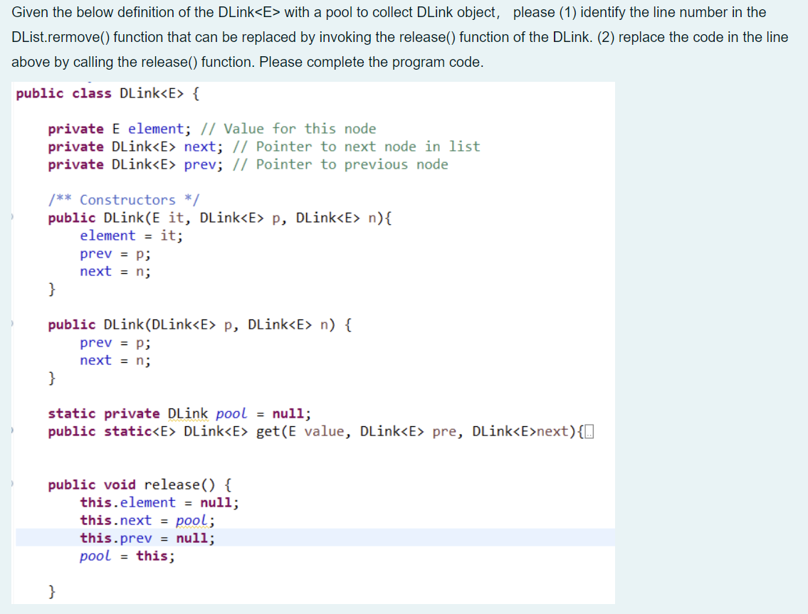 Solved Given the below definition of the DLink with a pool | Chegg.com