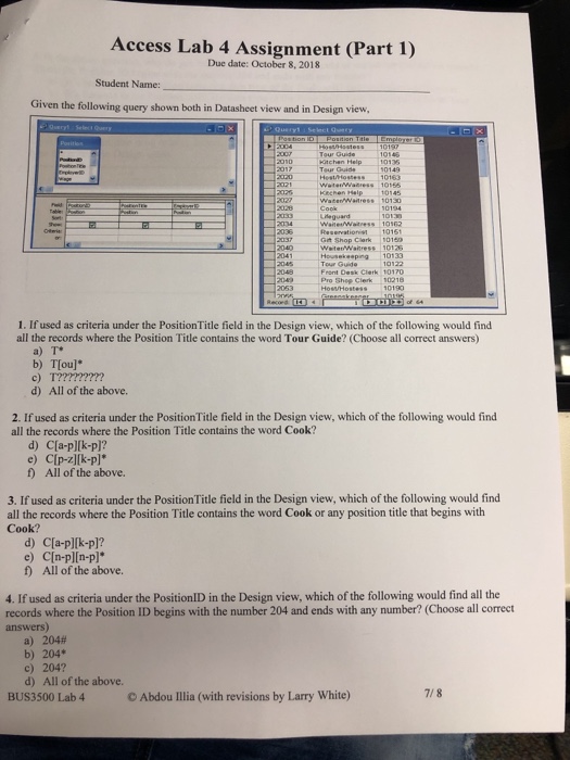 Solved Access Lab 4 Assignment (Part 1) Due date: October 8, | Chegg.com