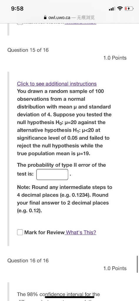 Solved 9:58 owl.uwo.ca - CE Question 15 of 16 1.0 Points | Chegg.com