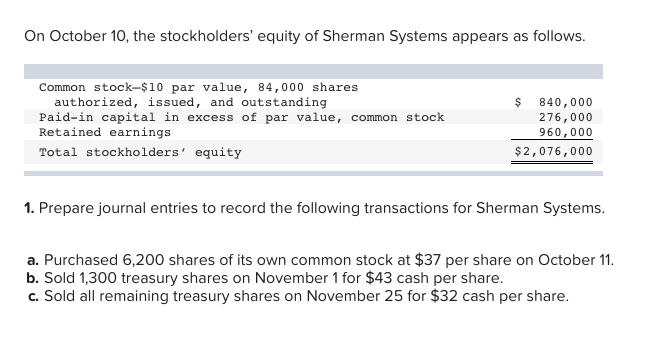 Solved On October 10, the stockholders' equity of Sherman | Chegg.com