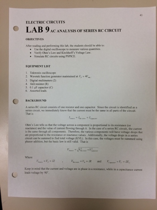 Solved 41 ELECTRIC CIRCUITS LAB 9 AC ANALYSIS OF SERIES RC | Chegg.com