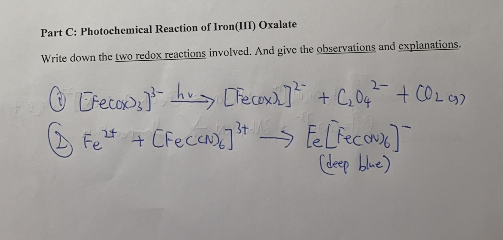 Solved Part C: Photochemical Reaction of Iron(III) Oxalate | Chegg.com