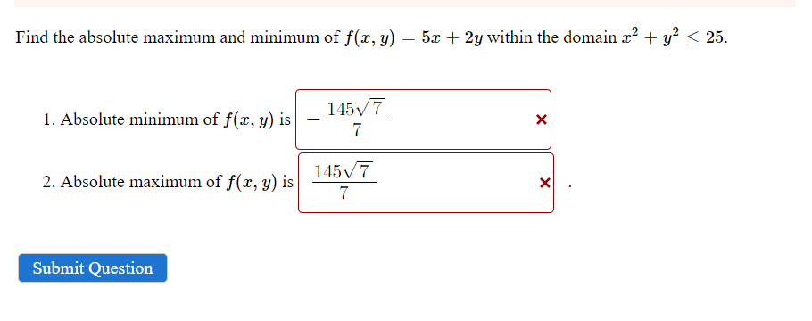 Solved Find the absolute maximum and minimum of f(x,y)=5x+2y | Chegg.com