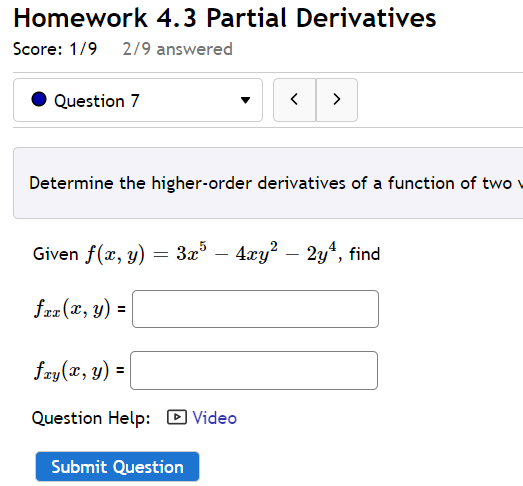 Solved Homework 4.3 Partial Derivatives Score: 1/92/9 | Chegg.com
