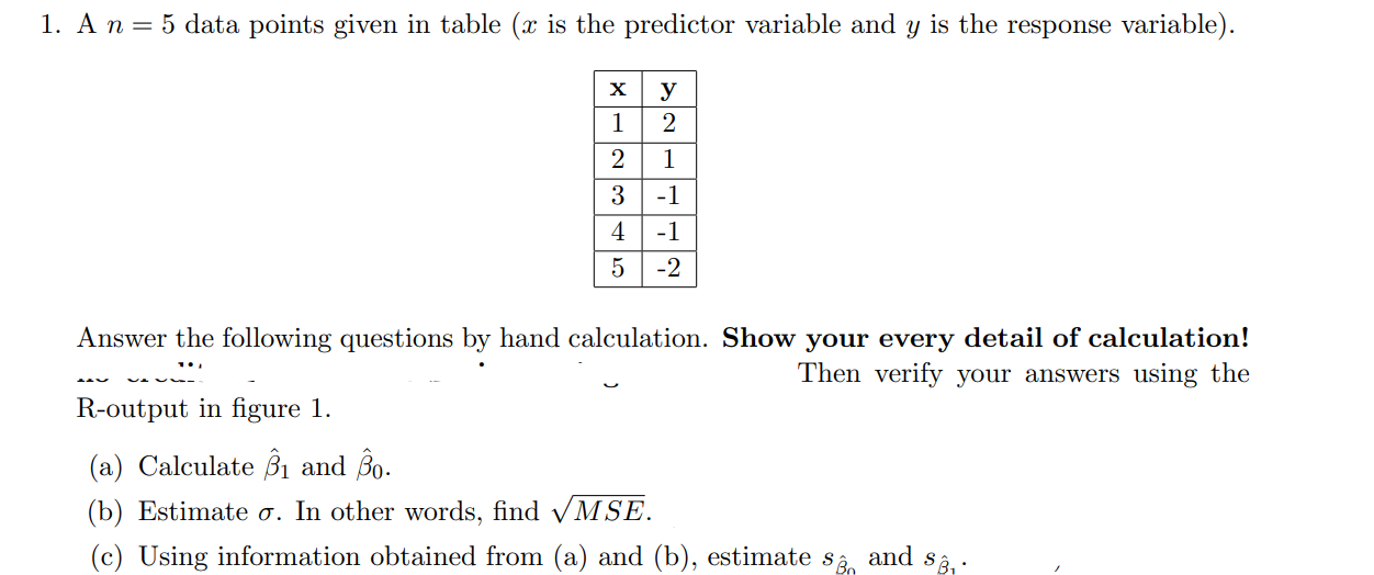 Solved A n=5 data points given in table ( x is the predictor | Chegg.com