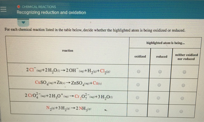 Solved O CHEMICAL REACTIONS Recognizing reduction and | Chegg.com Solved O CHEMICAL REACTIONS Recognizing reduction and | Chegg.com