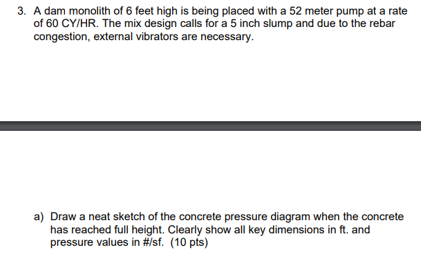 Solved 3. A dam monolith of 6 feet high is being placed with | Chegg.com