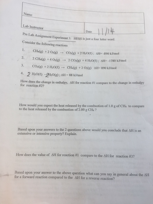 Solved Pre Lab Assignment Experiment 3: Hess is just a four | Chegg.com