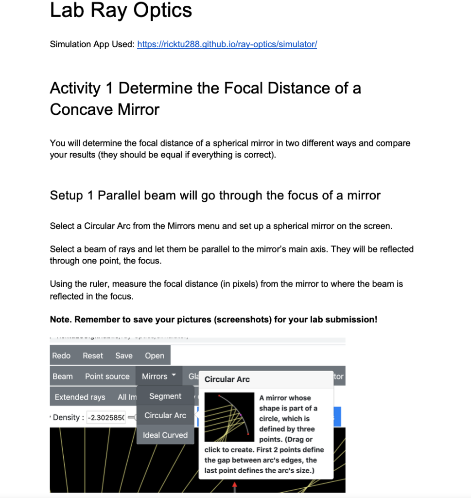 Lab Ray Optics Simulation App Used