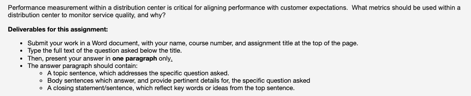 Solved Performance measurement within a distribution center | Chegg.com