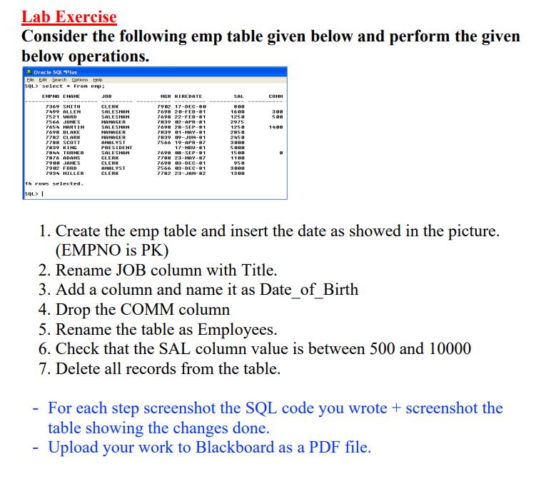 Solved Lab Exercise Consider the following emp table given | Chegg.com