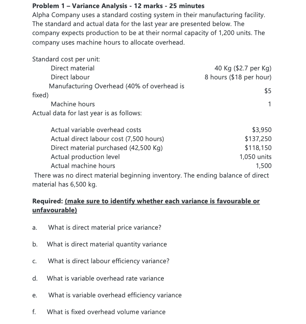 Solved Problem 1 Variance Analysis 12 Marks 25 Minutes