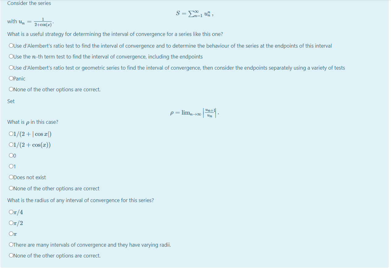 Solved Consider the series S= -lum with Un = 2+cos() What is | Chegg.com