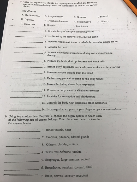 Solved Using the key choices, identify the organ systems to | Chegg.com