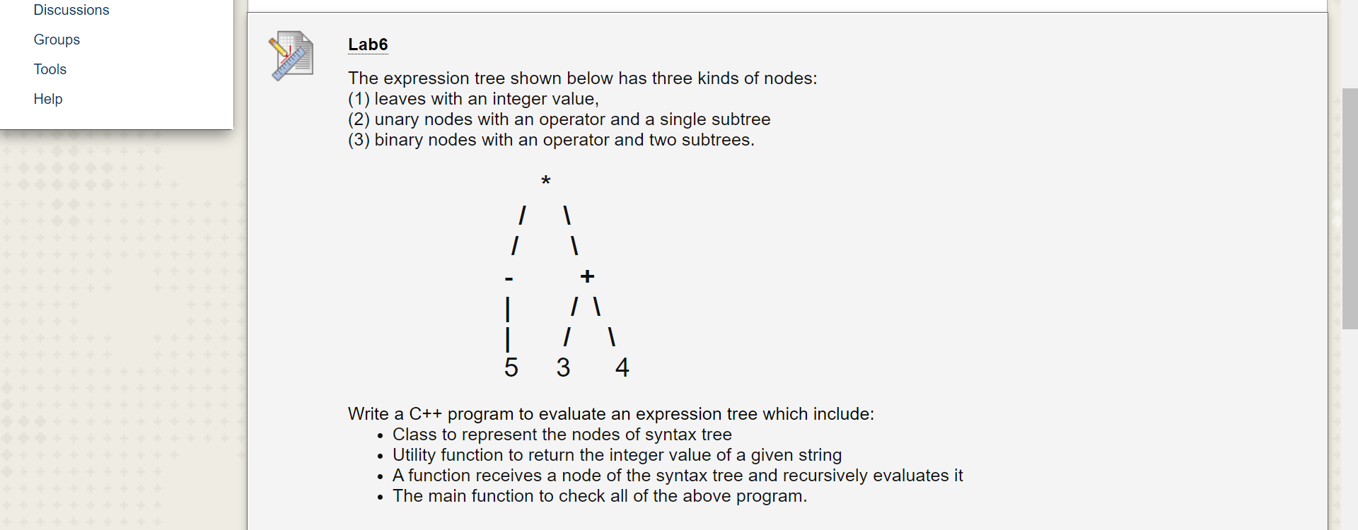 Solved Lab6 The expression tree shown below has three kinds | Chegg.com