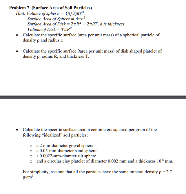 Solved Problem 7. (Surface Area of Soil Particles)Hint: | Chegg.com