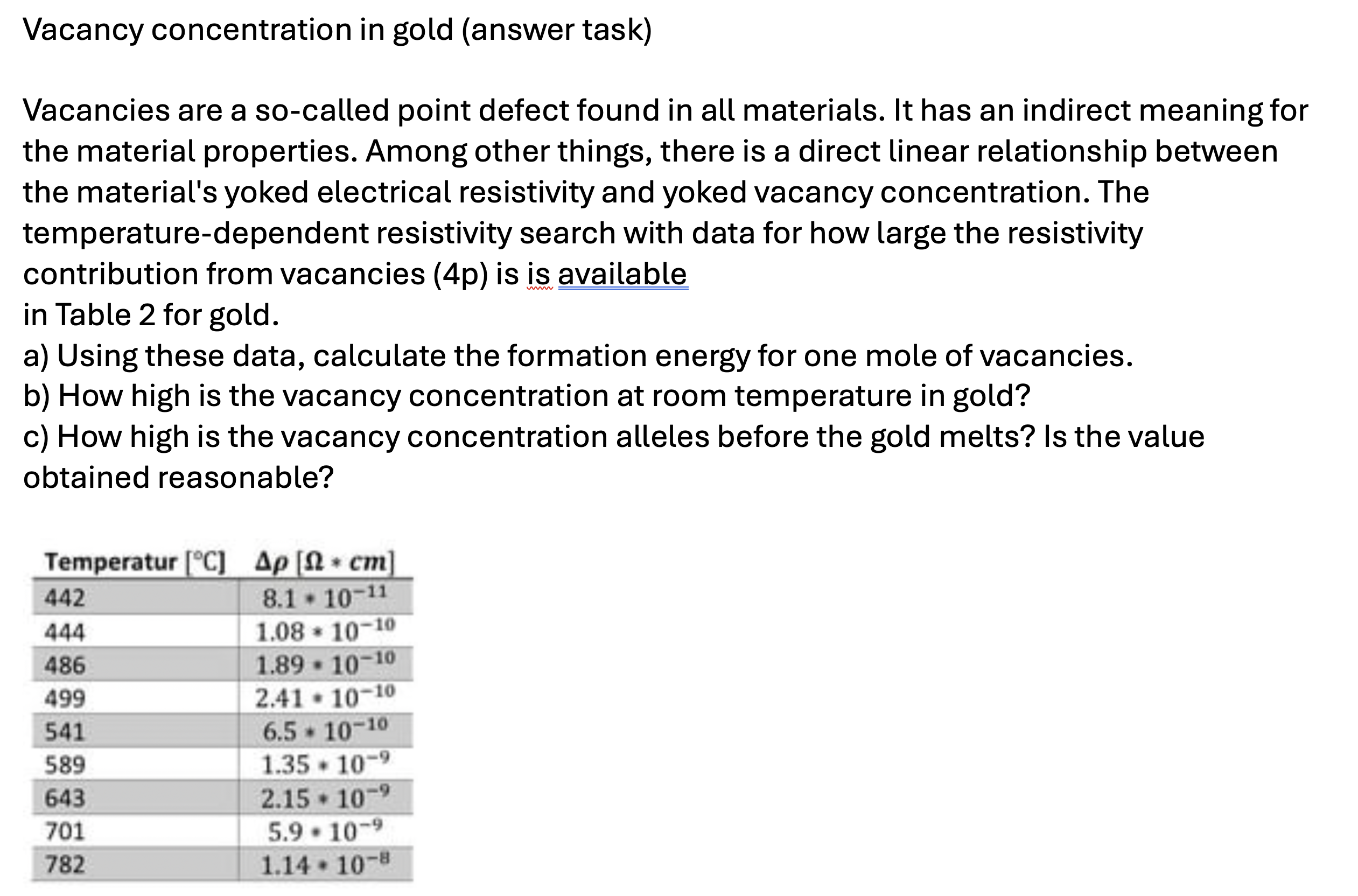 Solved Vacancy concentration in gold (answer task)Vacancies | Chegg.com
