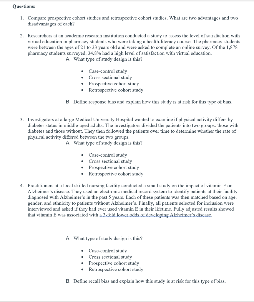 Solved 1. Compare prospective cohort studies and | Chegg.com