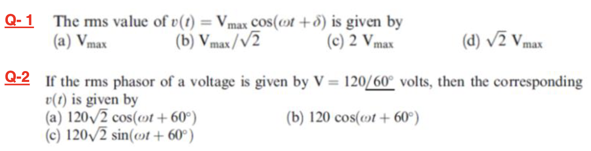 Solved 2-1 The rms value of v(t)=Vmaxcos(ωt+δ) is given by | Chegg.com