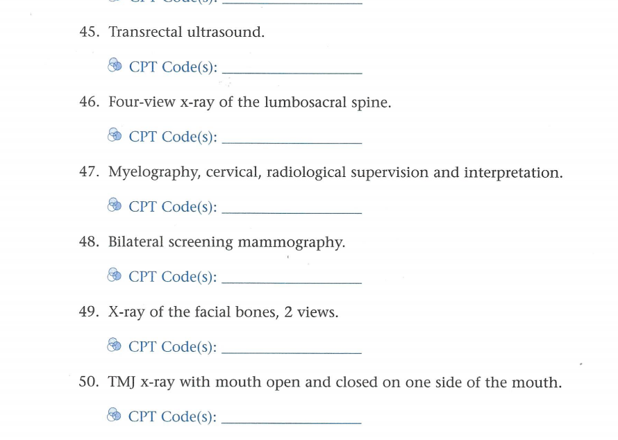 Solved 45. Transrectal ultrasound. CPT Code(s): 46. | Chegg.com