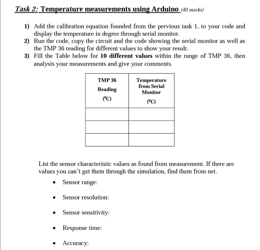Solved Task 2: Temperature measurements using Arduino (40 | Chegg.com