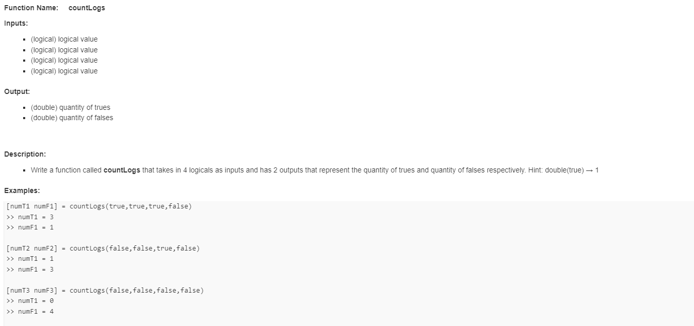 Solved Function Name: countLogs Inputs: - (logical) logical | Chegg.com
