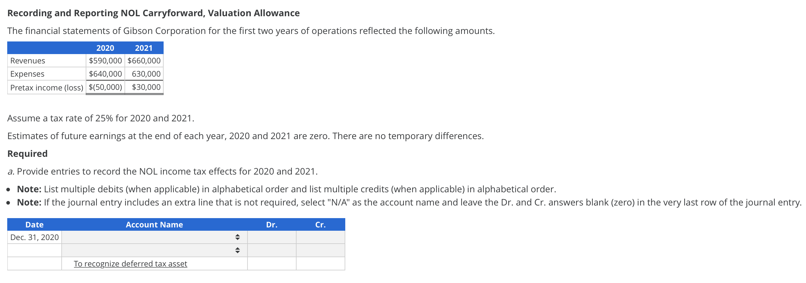 Recording and Reporting NOL Carryforward, Valuation | Chegg.com