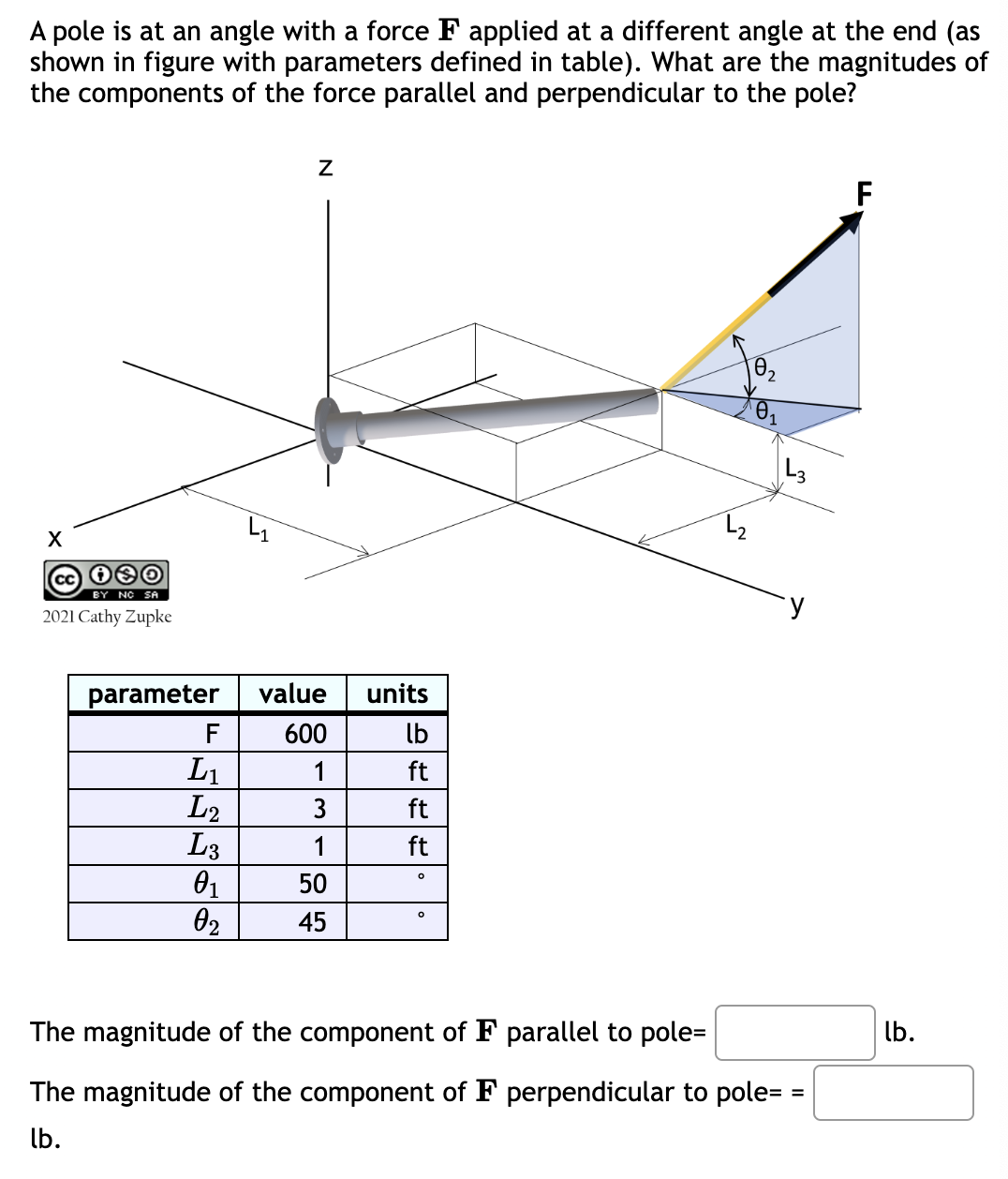 Solved A pole is at an angle with a force F ﻿applied at a | Chegg.com