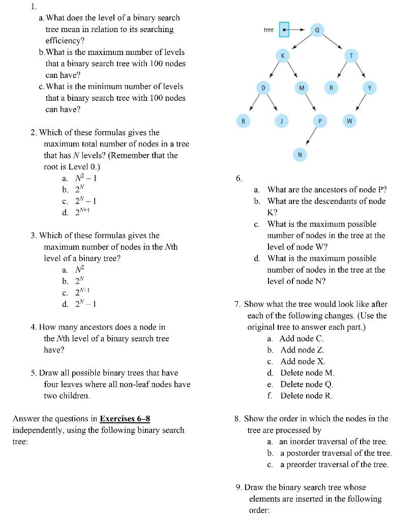 Solved 1. a. What does the level of a binary search tree | Chegg.com