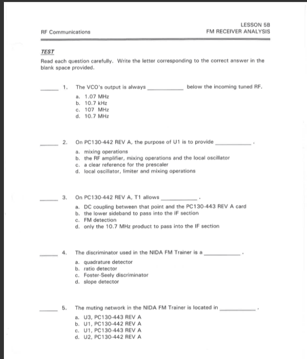 Solved LESSON 5B FM RECEIVER ANALYSIS RF Communications TEST | Chegg.com