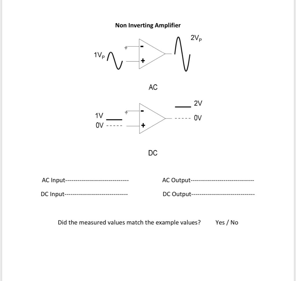 Solved Non Inverting Amplifier 2Vp 1v. N AC 2V 1V OV OV | + | Chegg.com