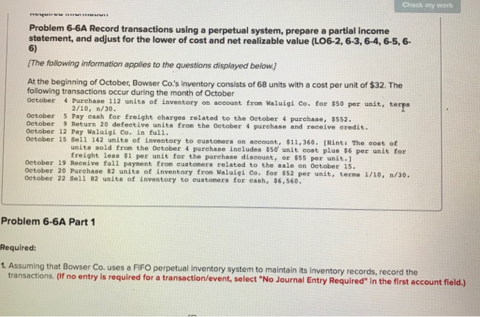 Solved Check my work Problem 6-6A Record transactions using | Chegg.com