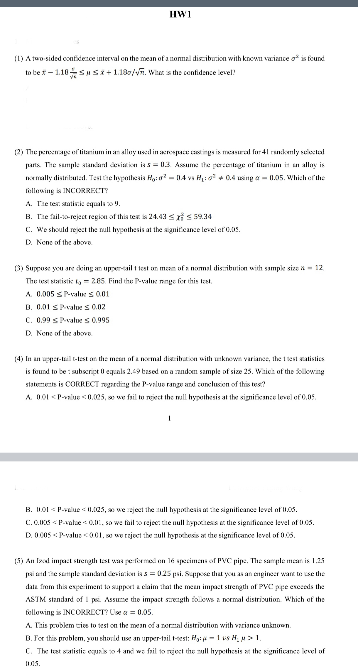 Solved (1) A two-sided confidence interval on the mean of a | Chegg.com