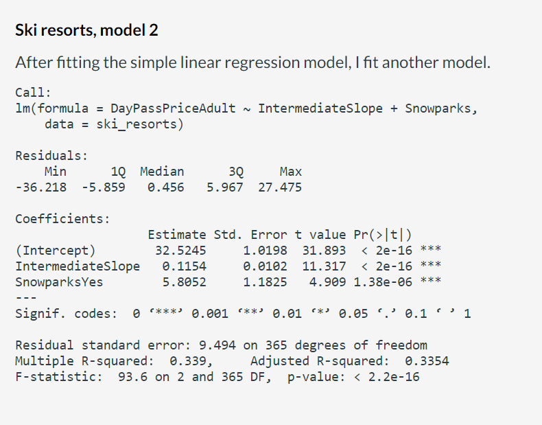 Solved Ski resorts, model 2 After fitting the simple linear | Chegg.com