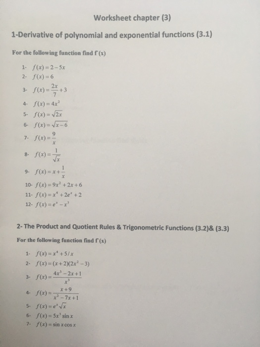 Solved Worksheet chapter (3) 1-Derivative of polynomial and | Chegg.com