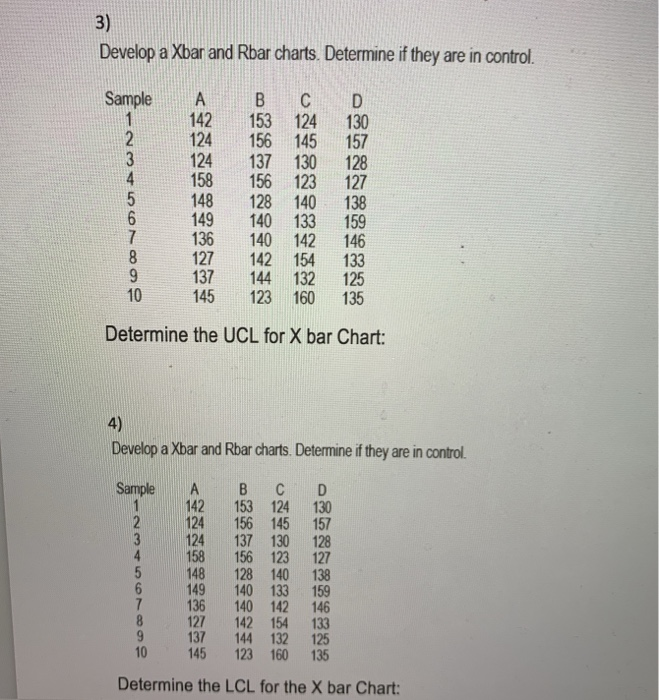 Solved Develop a Xbar and Rbar charts. Determine if they are | Chegg.com