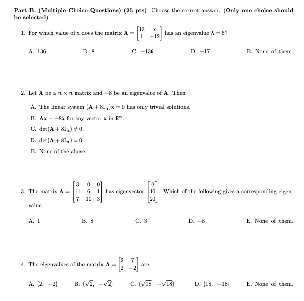 Solved Part B. (Multiple Choice Questions) (25 pts). Choose | Chegg.com