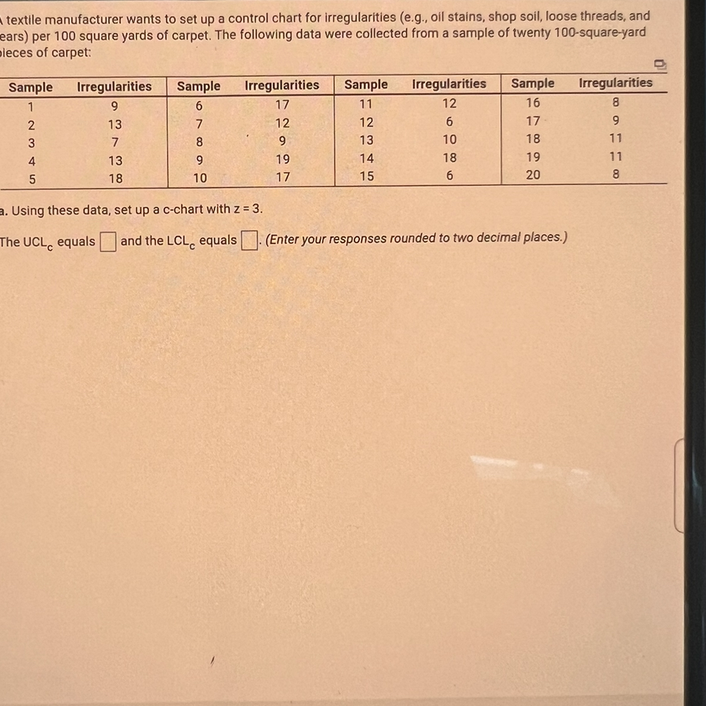 Solved textile manufacturer wants to set up a control chart | Chegg.com