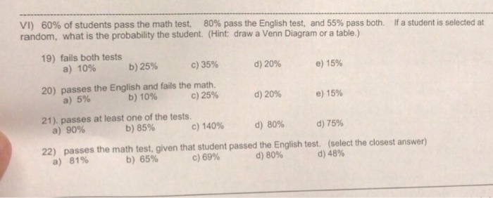 Solved VI) 60% of students pass the math test, 80% pass the | Chegg.com