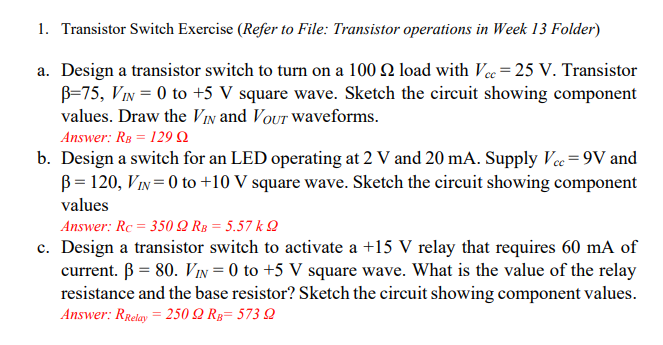 Solved 1. Transistor Switch Exercise (Refer to File: | Chegg.com