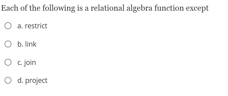 Solved Each of the following is a relational algebra | Chegg.com