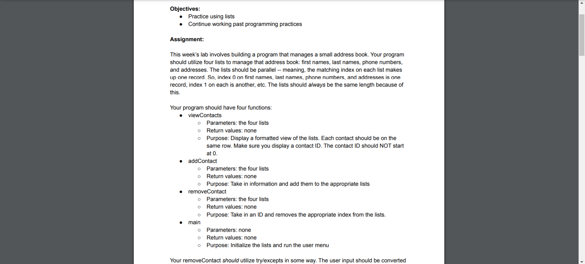 Solved Objectives: Practice using lists Continue working | Chegg.com