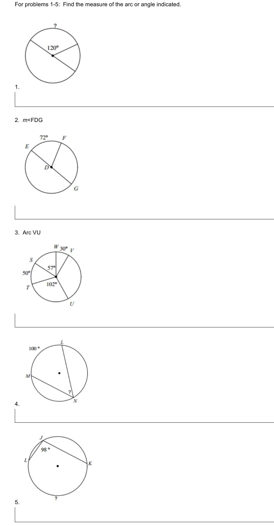 Solved For problems 1-5: Find the measure of the arc or | Chegg.com