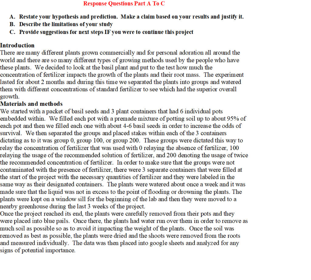 Solved Response Questions Part A To C A. Restate your | Chegg.com
