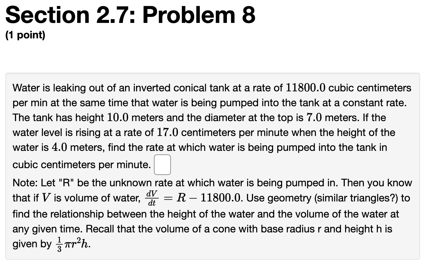 Solved Section 2.7: Problem 8 (1 point) Water is leaking out | Chegg.com