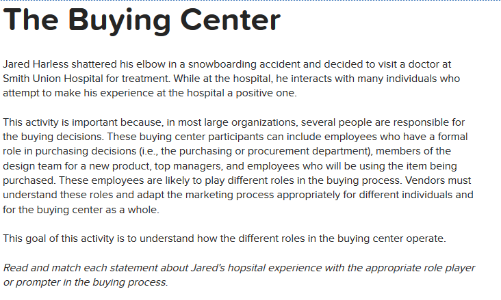 Solved The Buying Center Jared Harless shattered his elbow | Chegg.com