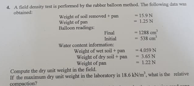 Solved A field density test is performed by the rubber | Chegg.com