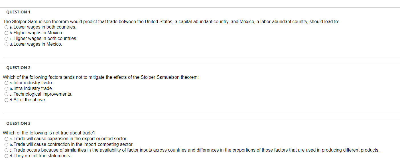 Solved The Stolper-Samuelson theorem would predict that | Chegg.com