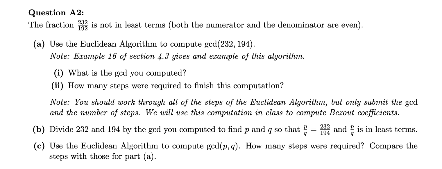 Solved Question A2: The fraction 192232 is not in least | Chegg.com